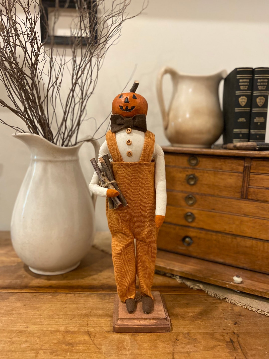 Primitive Pumpkin Man Halloween Decor, Handmade Folk Art Jack O Lantern ...