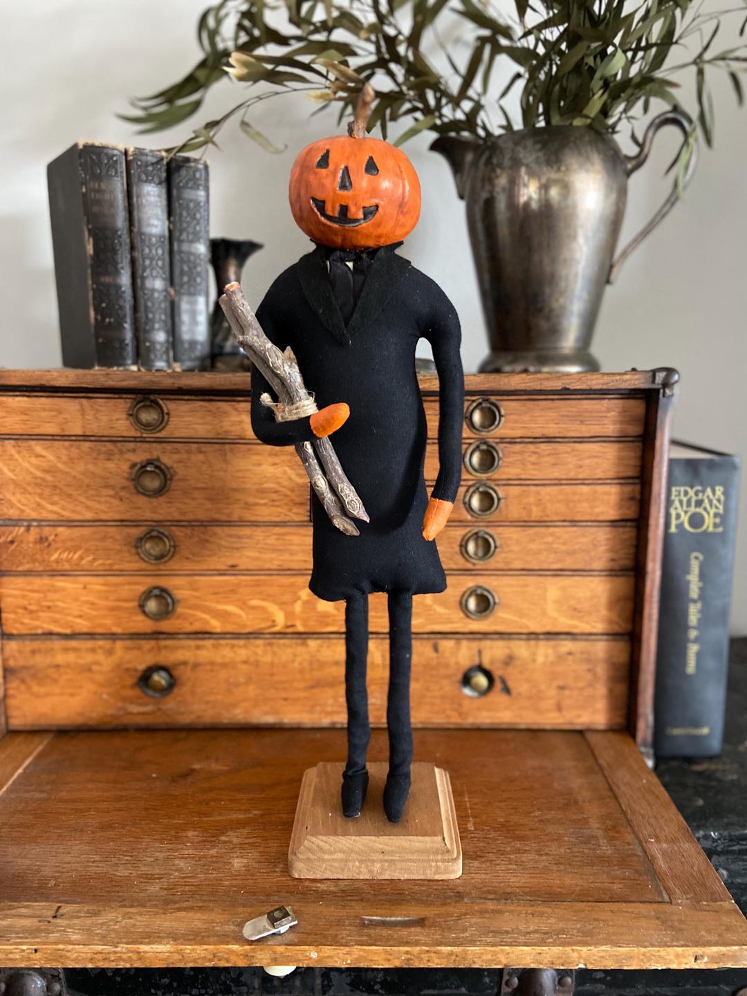 Folk Art Pumpkin Man Halloween Decor, Handmade Primitive Jack O Lantern ...