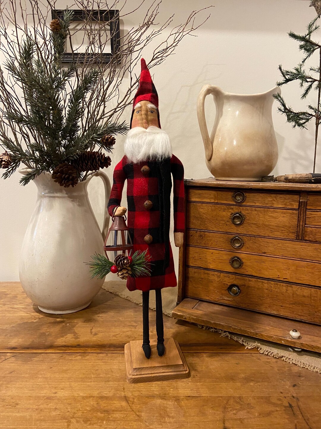 Primitive Santa Red and Black Buffalo Plaid Christmas Decor Rustic ...