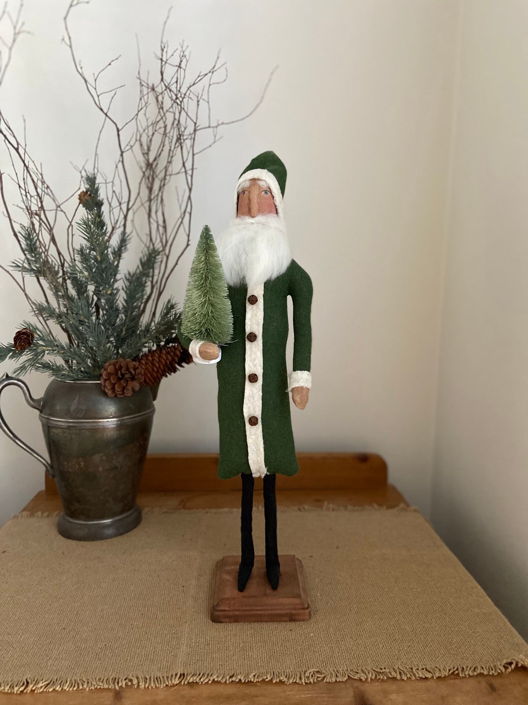 Primitive Santa Green Christmas Decor, Handmade Folk Art - Etsy