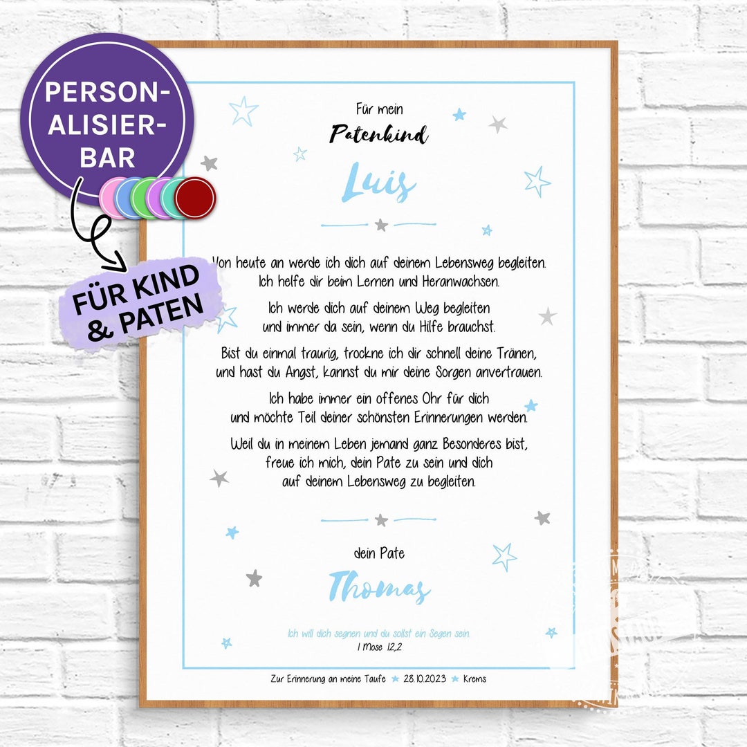 Godfather Letter Stars, Baptismal Letter as a Gift for Baptism for ...