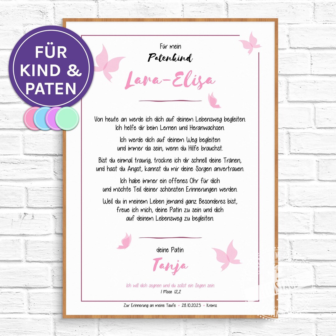Godparent Letter Butterfly, Baptismal Letter as a Gift for Baptism for ...