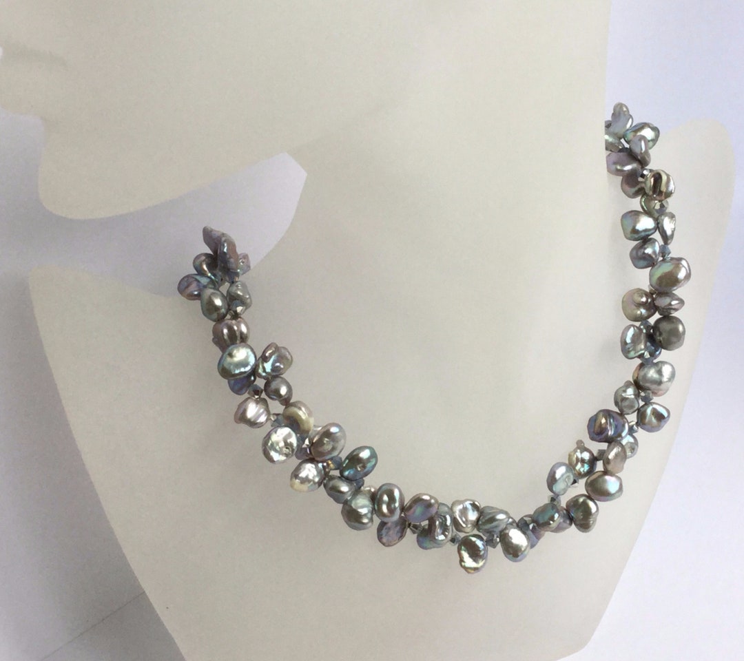 Keshi Beads Necklace, Pearl Necklace, Freshwater Pearls, Grey, Silver ...
