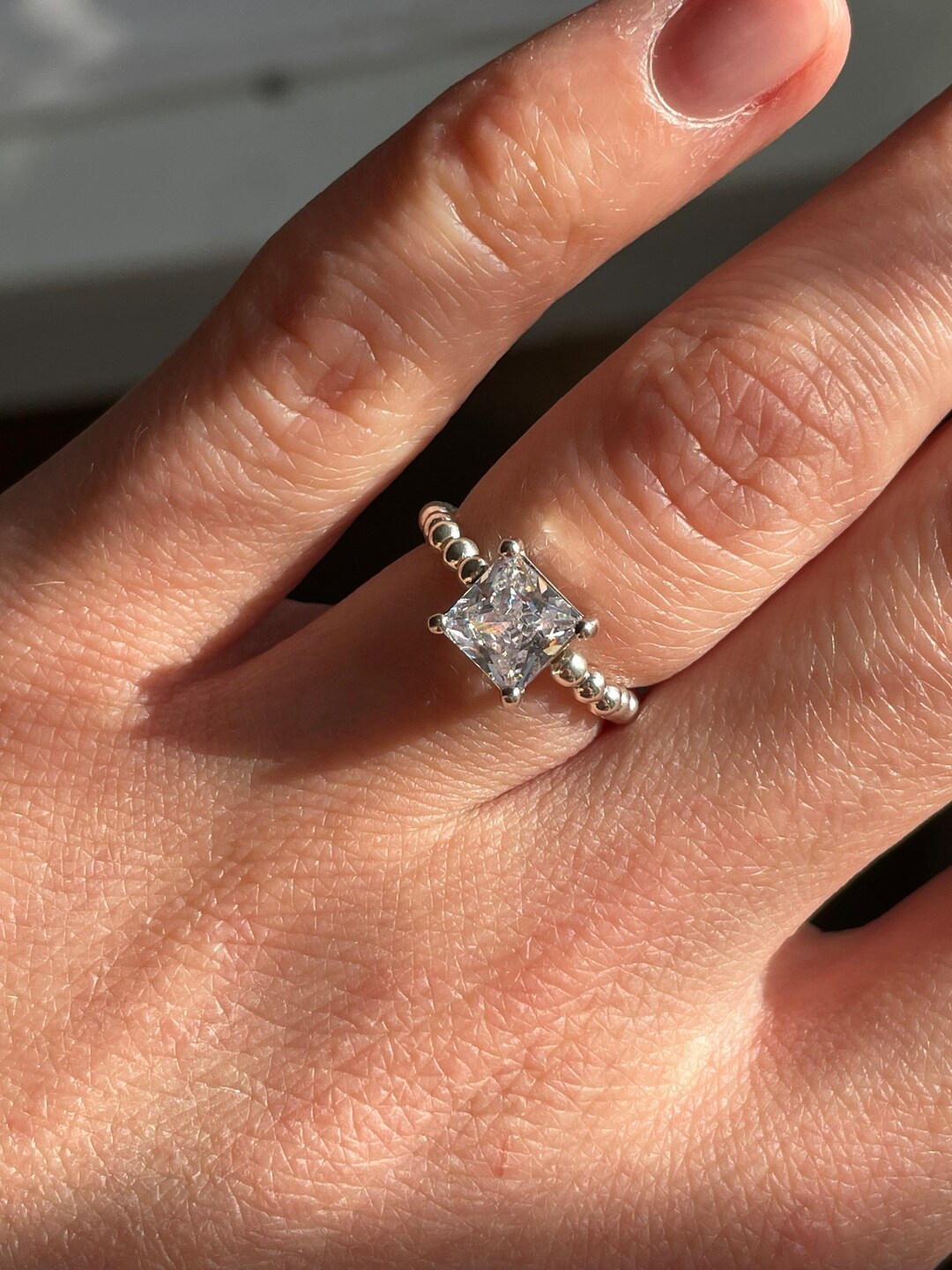 Silver Stretch Ring - With Clear Gemstone, Silver Beads Ring, Elastic ...