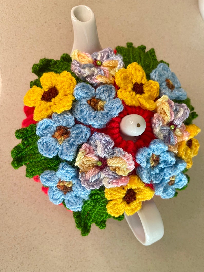 Crochet Red Tea Cozy Blue Yellow Flowers - Knitted Tea Pot Warmer ...