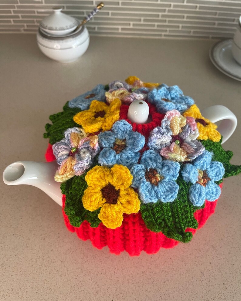Crochet Red Tea Cozy Blue Yellow Flowers - Knitted Tea Pot Warmer ...