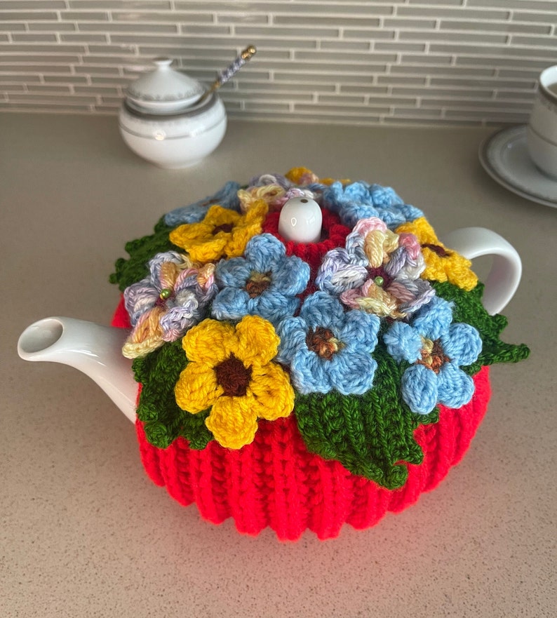 Crochet Red Tea Cozy Blue Yellow Flowers - Knitted Tea Pot Warmer ...