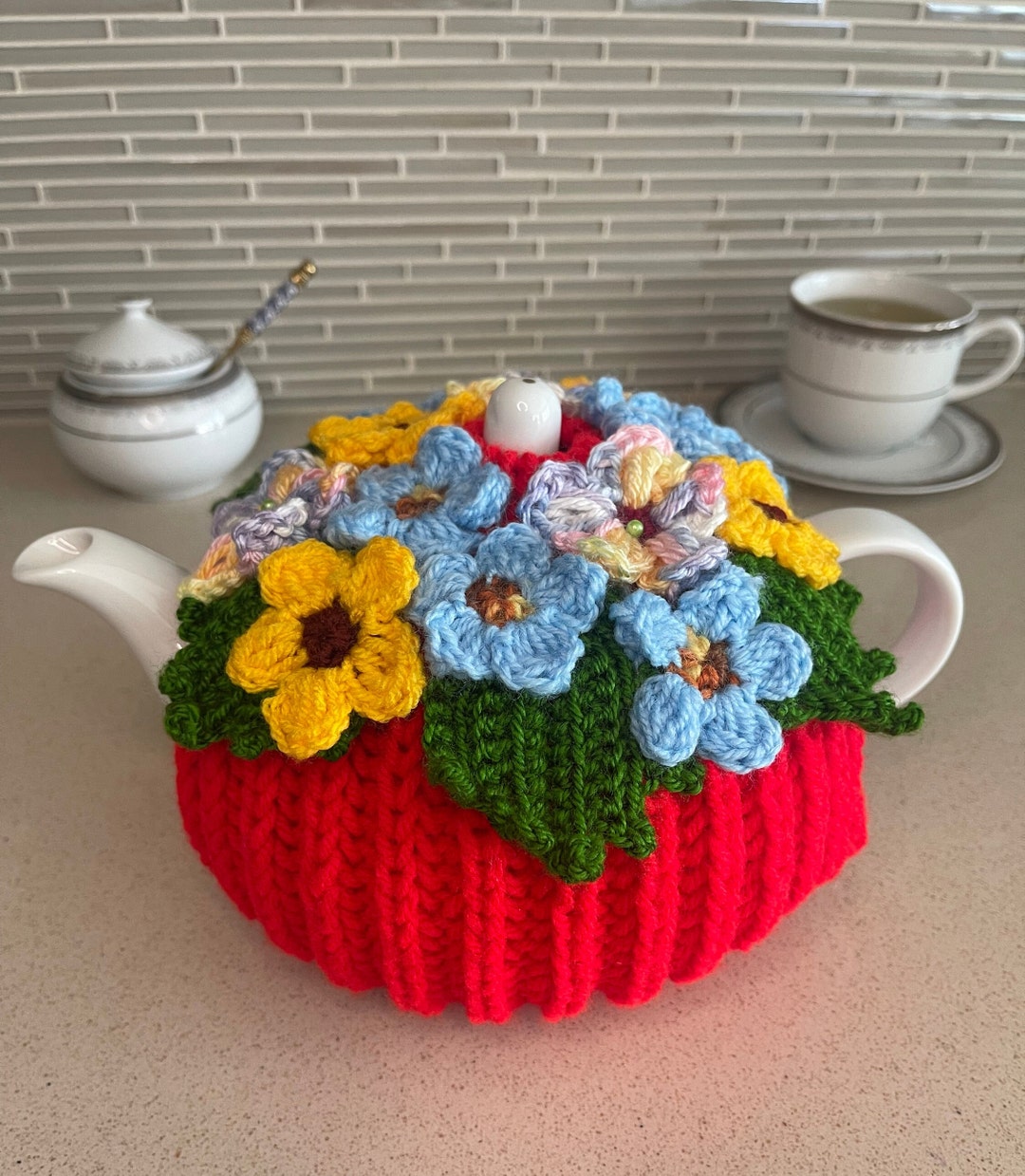 Crochet Red Tea Cozy Blue Yellow Flowers - Knitted Tea Pot Warmer ...