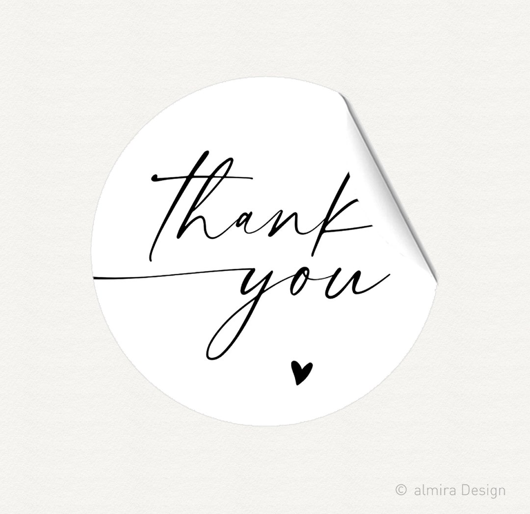 Sticker THANK YOU - Fine Feather Writing Black and White With Heart - Etsy
