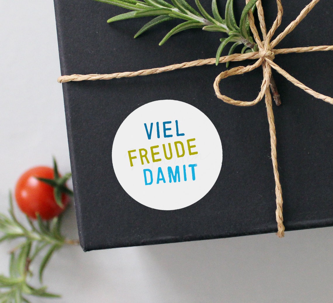 Sticker VIEL FREUDE DAMIT on white gift sticker | Etsy