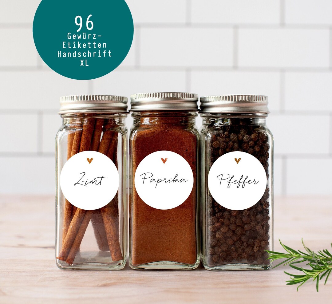 96 Labels Spices Stickers - XL HANDWRITING White HEARTS - Spice Labels ...