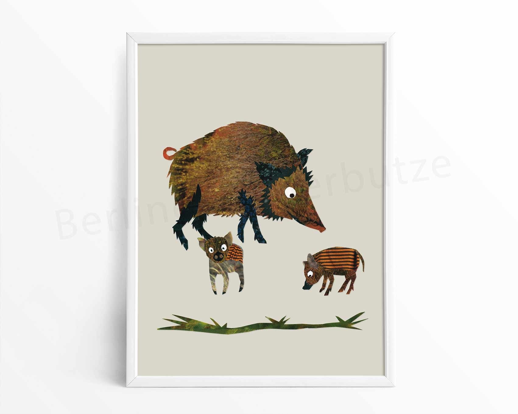 Animal Poster wild Boars, Print of a Paper Collage, DIN A4, Mural ...