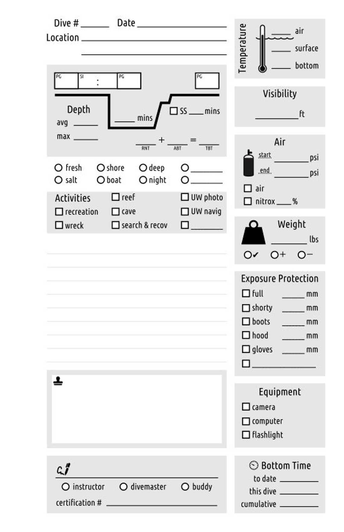 Dive Log Pages Printable File, Scuba Dive Log Book Pages, PADI Dive Log ...