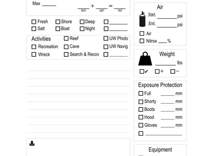 Dive Log Pages Printable File, Scuba Dive Log Book Pages, PADI Dive Log ...