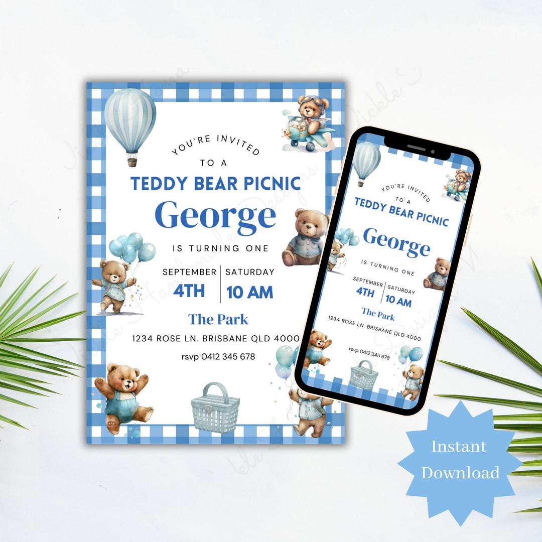 Teddy Bear Birthday Invitation, Printable Kids Teddy Picnic Party ...
