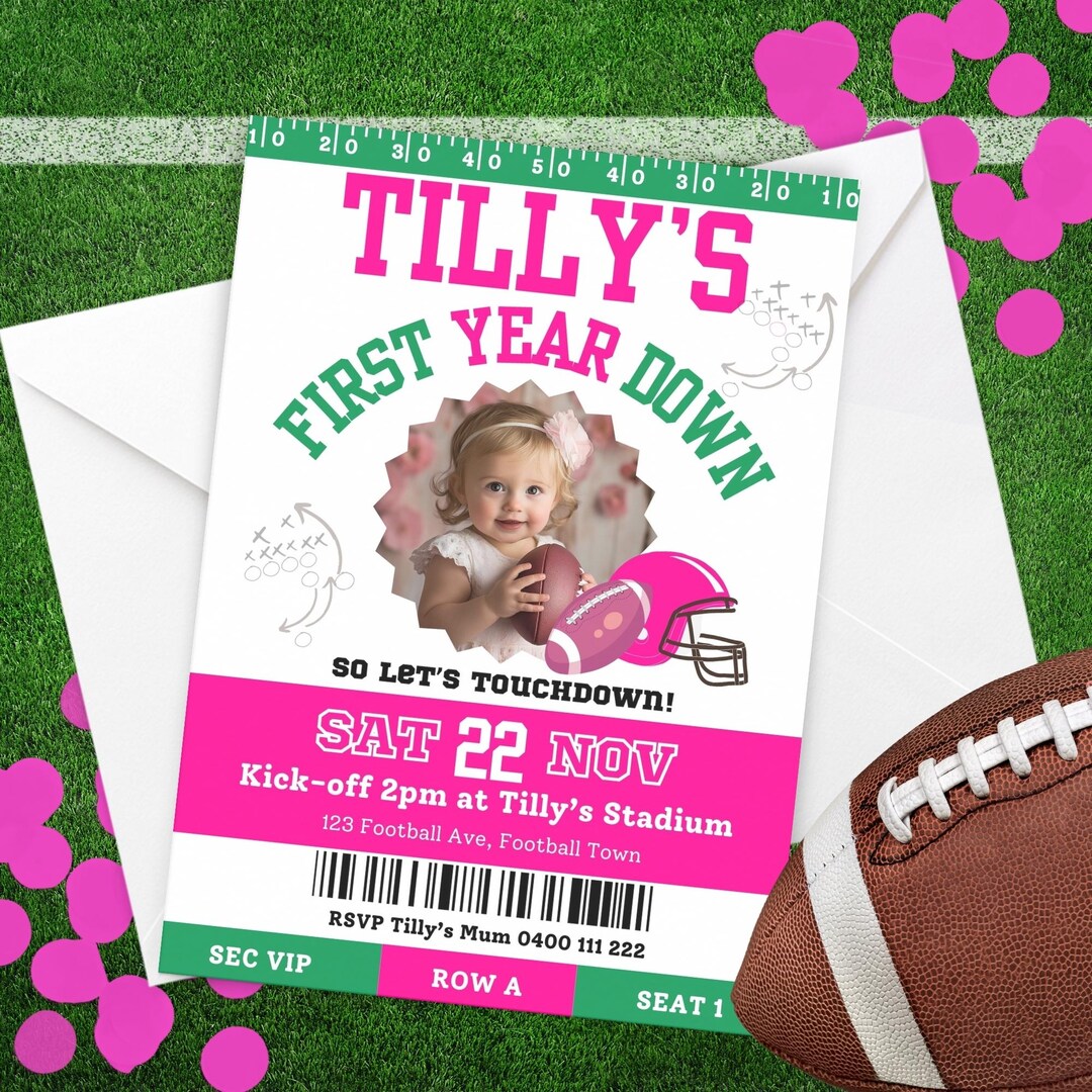 Pink First Year Down Birthday Invitation With Photo, Football Themed ...