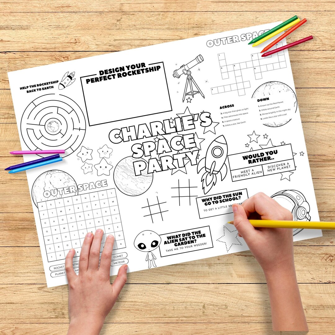 Space Activity Placemat, Kids Printable Coloring Page, Outer Space Fun ...