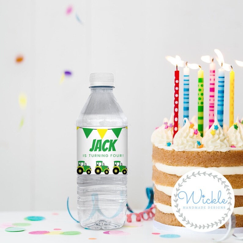 Green Tractor Birthday Water Bottle Wrap Label Canva Template ...