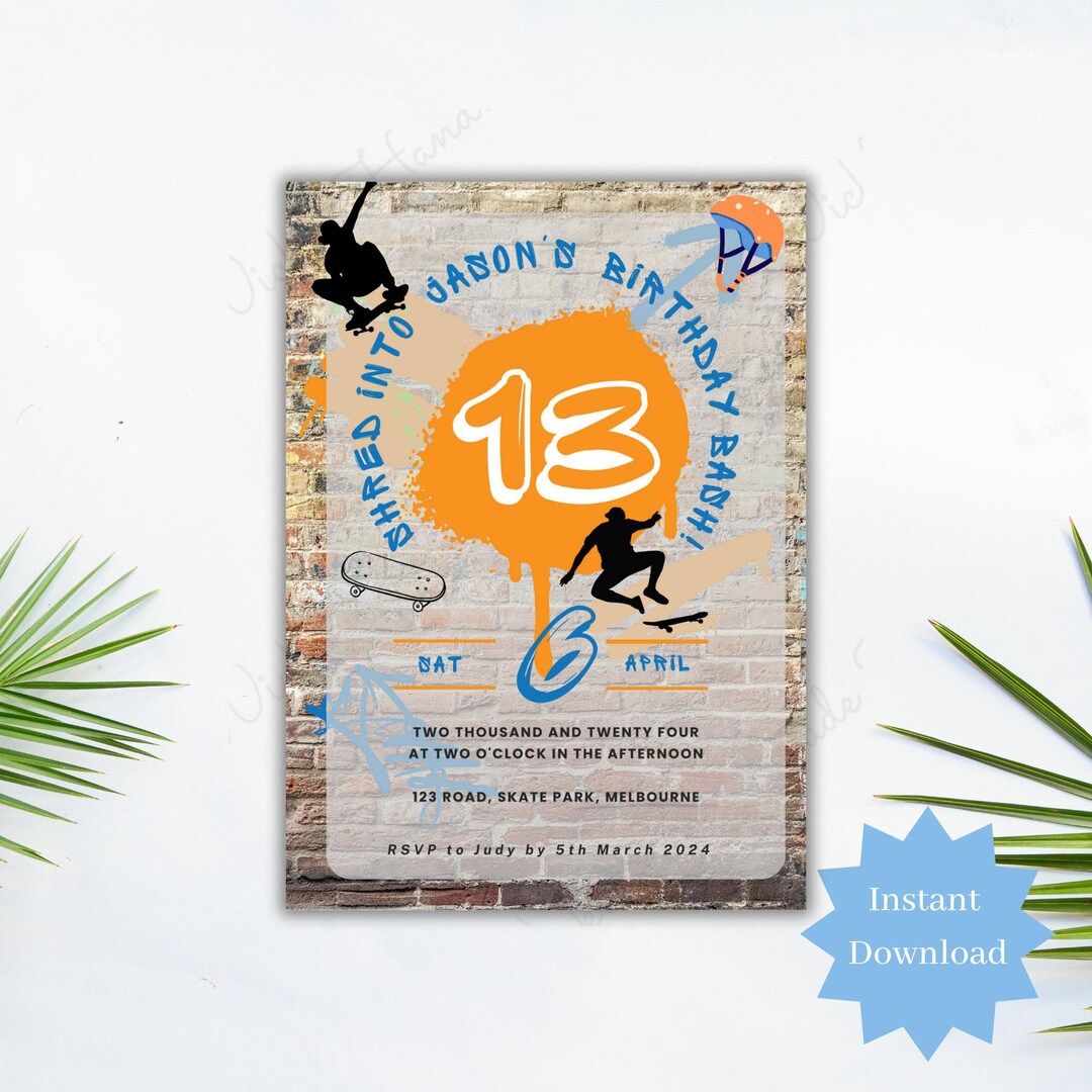Custom Skater Birthday Invitation Printable Kids Skateboarding Party ...