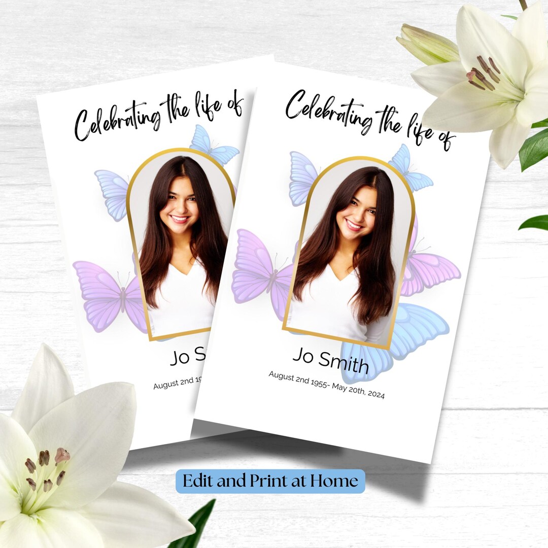 Purple and Blue Butterfly Funeral Program Template, Colourful Teen ...