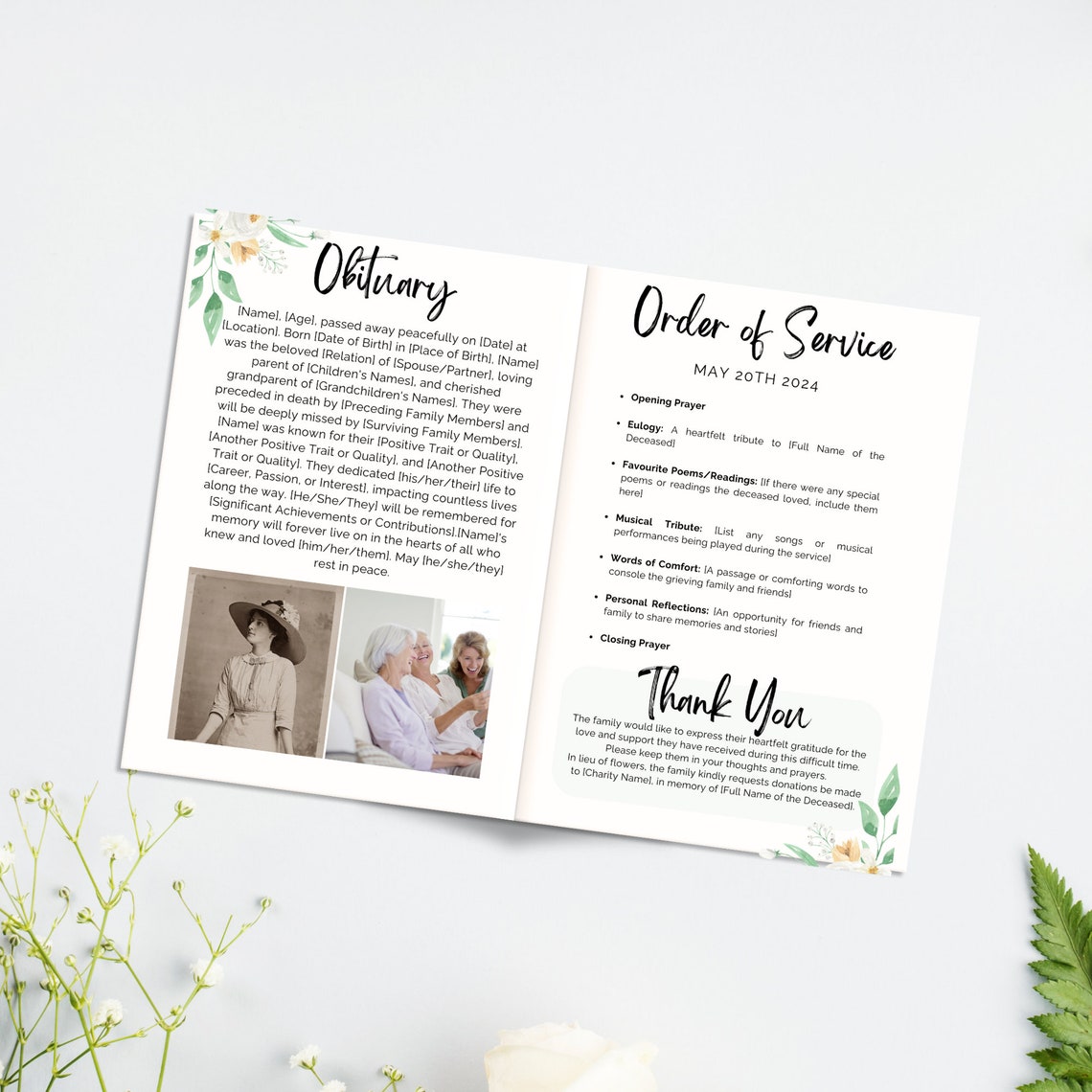 Editable Funeral Program Template With White Flowers, Printable Order ...
