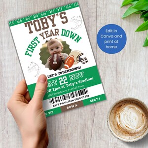 First Year Down Birthday Invitation With Photo, Football Themed 1st ...