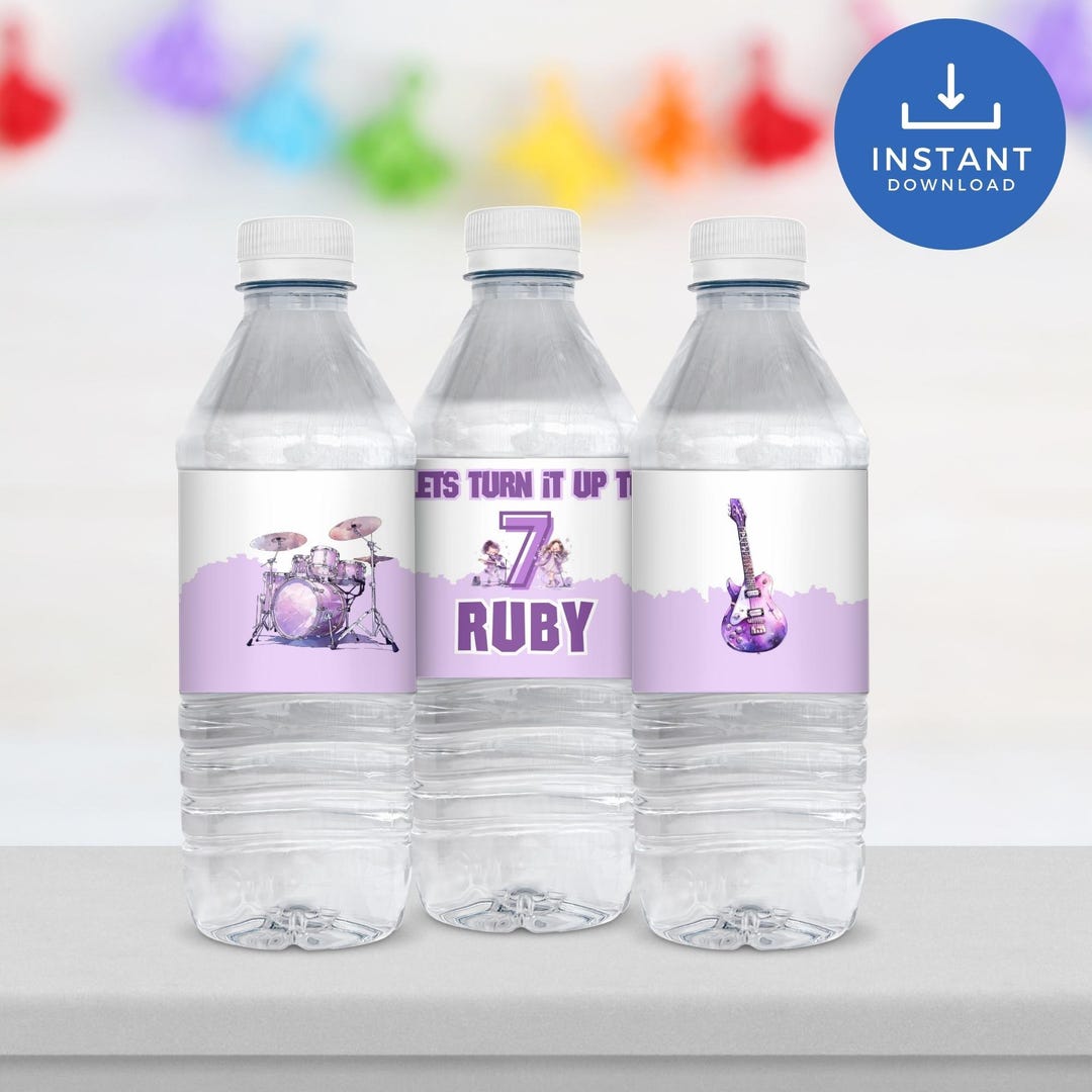 Rockstar Birthday Water Bottle Labels, Music Party Bottle Wraps, Purple ...