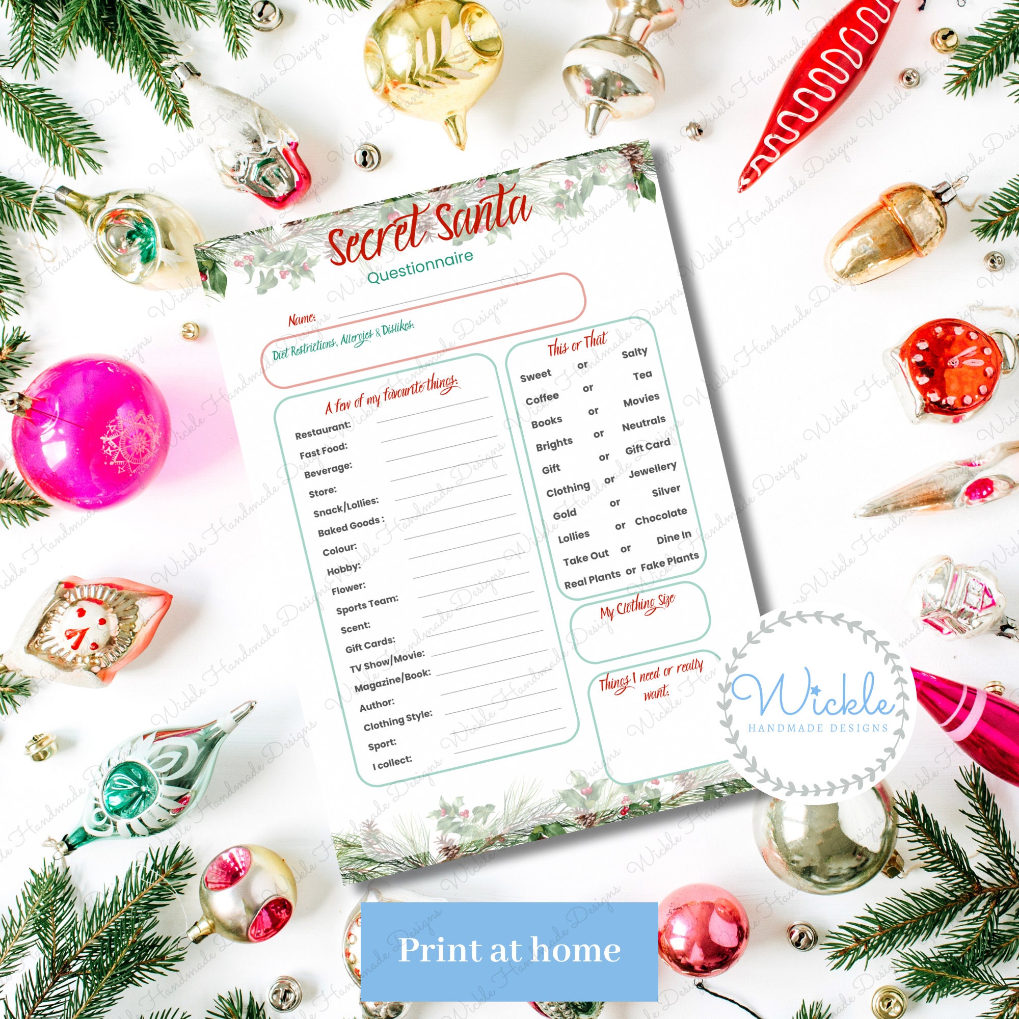 Secret Santa Questionnaire Secret Santa Gift Exchange Christmas Gift ...