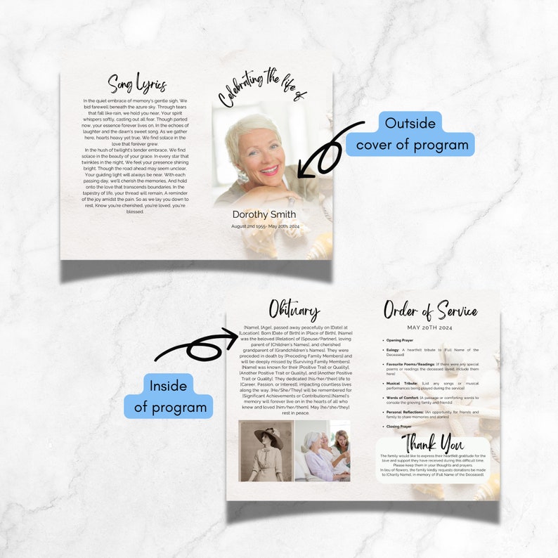 Editable Funeral Program Template With Sea Shells, Printable Order of Service With Obituary ...