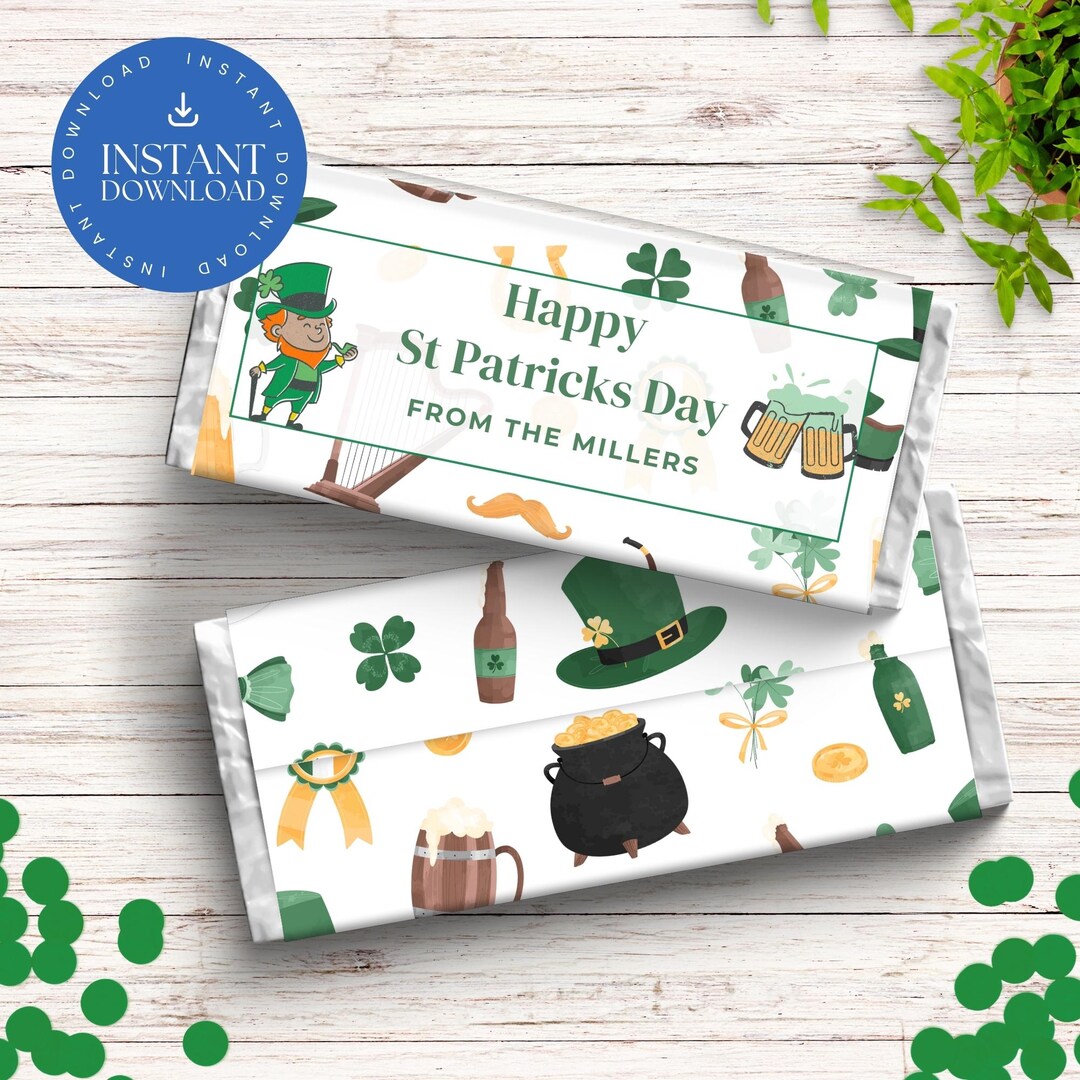 White St Patricks Day Chocolate Wrapper Template, Printable Lucky ...