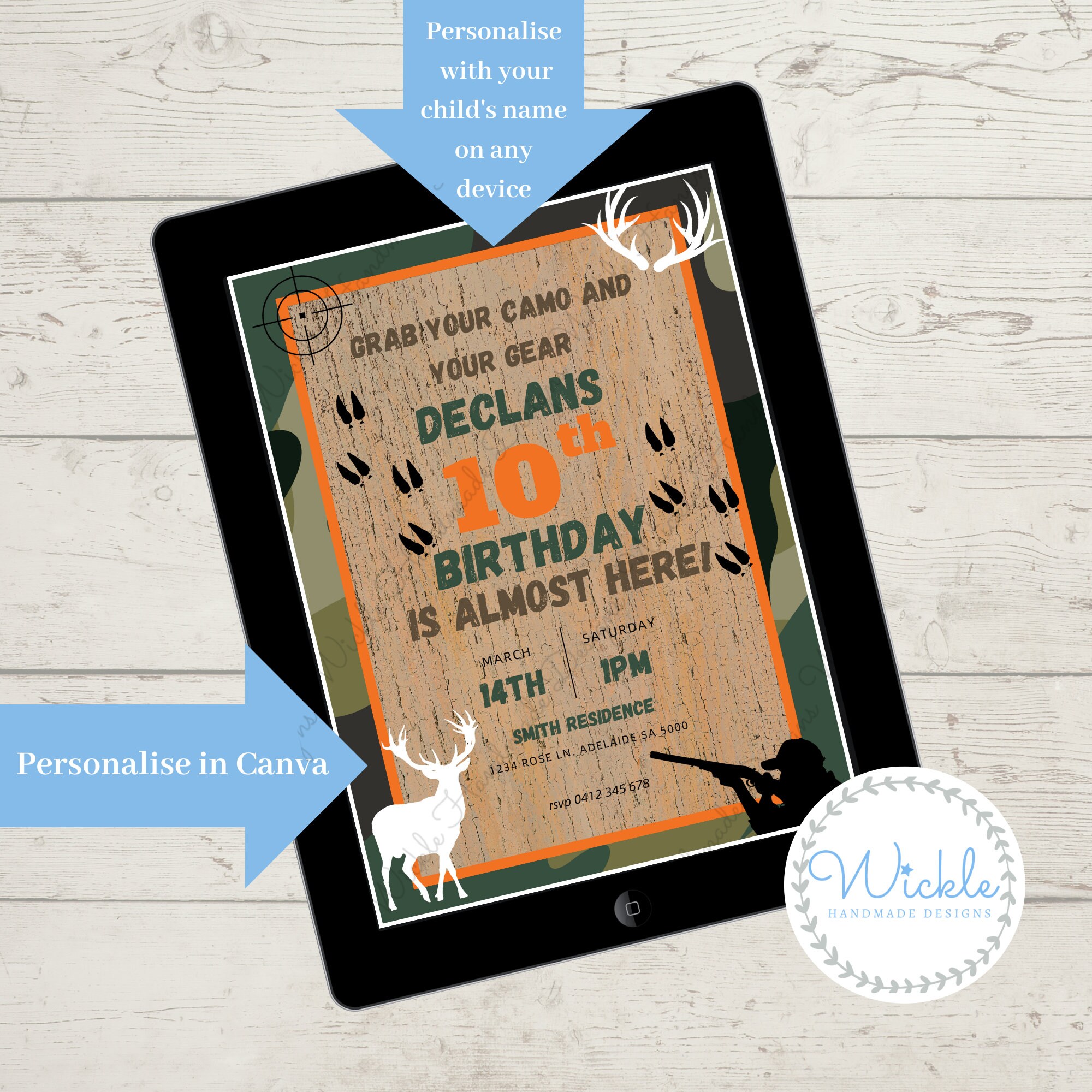 Customisable Deer Hunting Birthday Party Invitation Printable Kids Camo ...