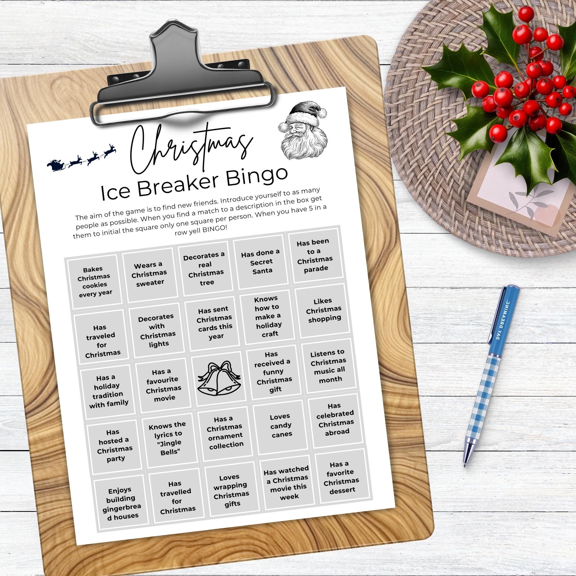 Black and White Christmas Ice Breaker Bingo, Santa Meet and Mingle Xmas ...