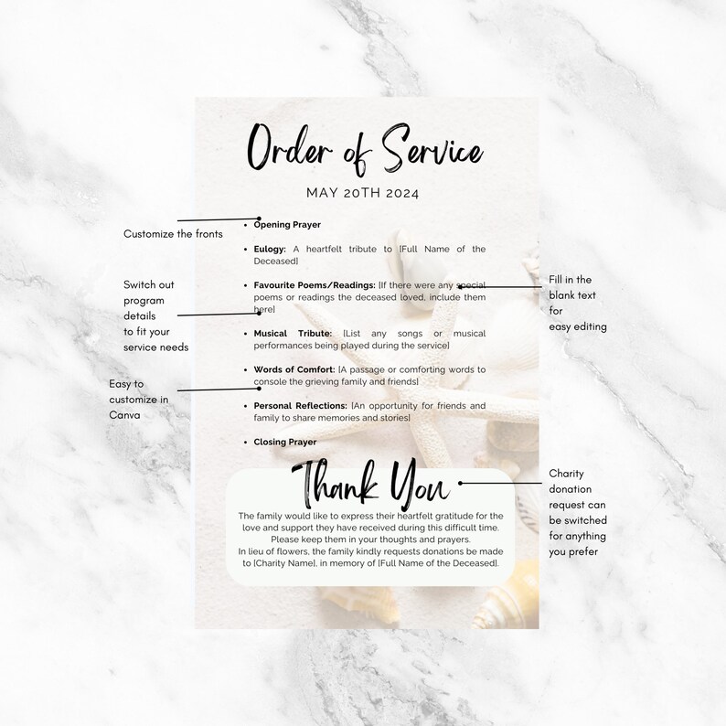 Editable Funeral Program Template With Sea Shells, Printable Order of ...