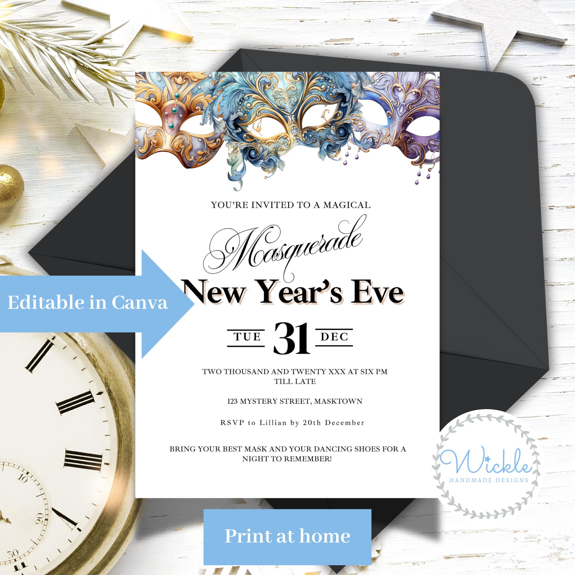 Editable New Year Invitation Canva Template , Masquerade Ball Theme ...