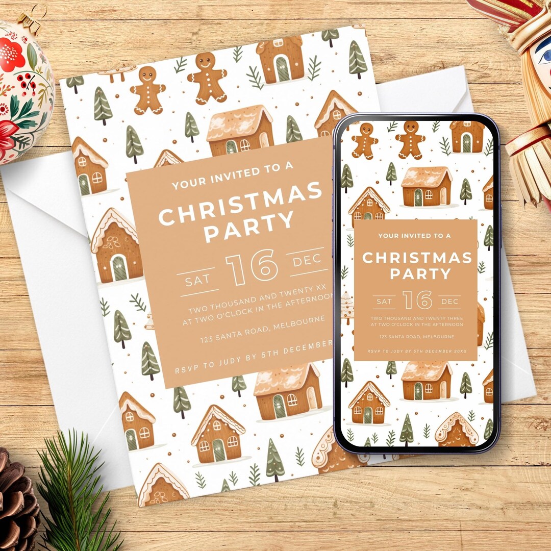 Gingerbread Themed Christmas Party Invitation, Editable Canva Template ...
