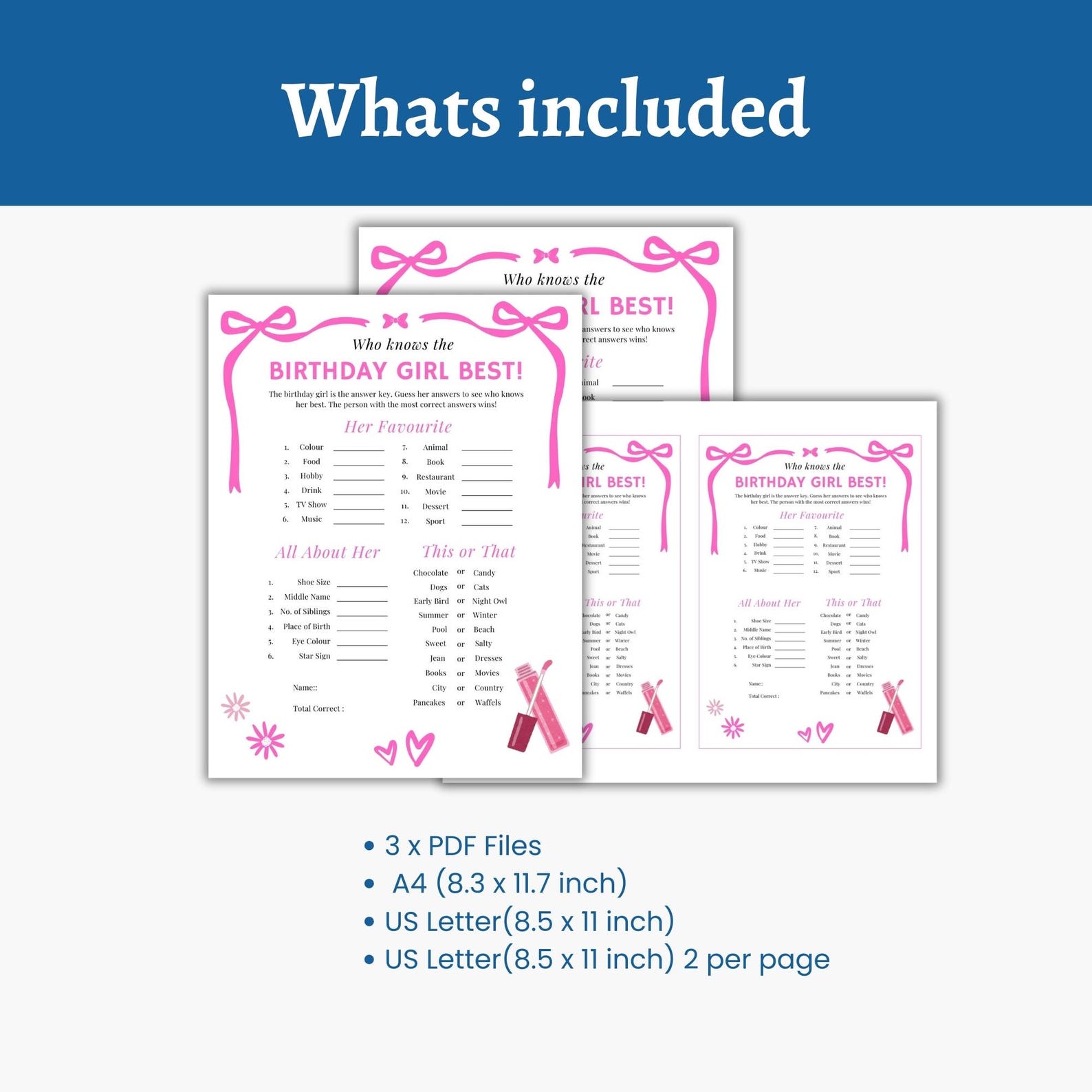 Pink Who Knows the Birthday Girl Best Printable Game, Coquette Bows ...