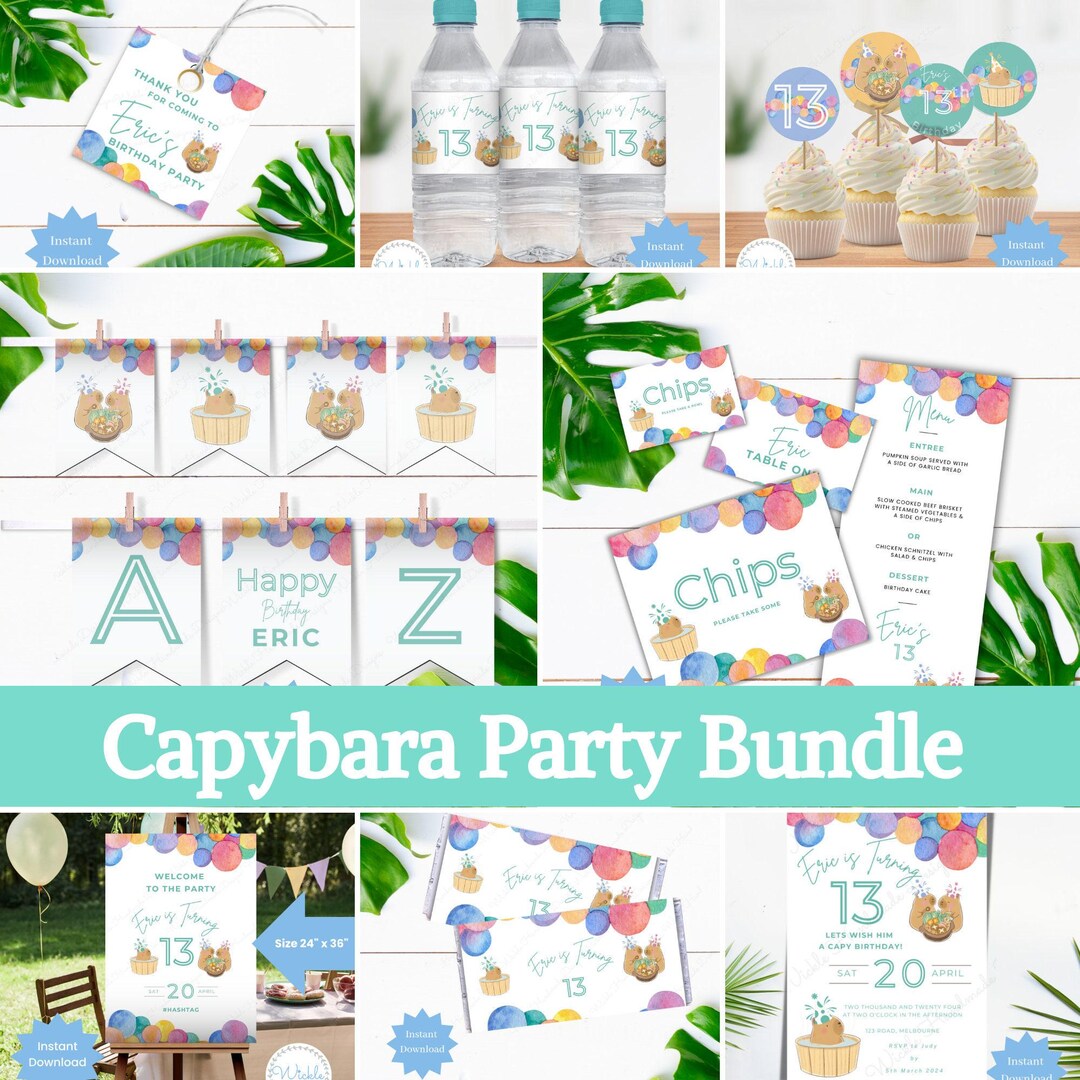Watercolour Capybara Birthday Bundle Canva Template, Cute Capy Party ...
