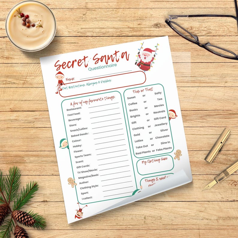 Secret Santa Questionnaire| Secret Santa Gift Exchange| Christmas Gift ...