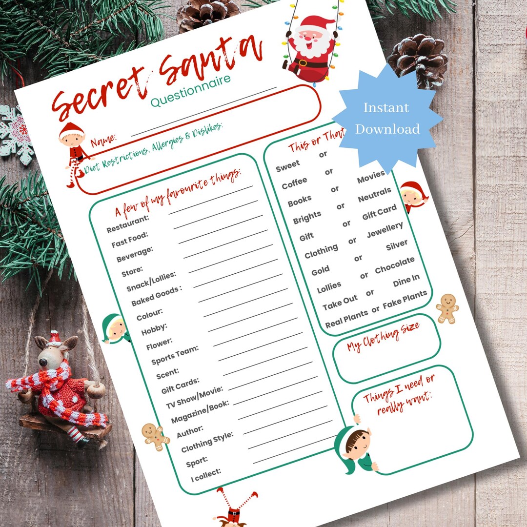 Secret Santa Questionnaire Secret Santa Gift Exchange Christmas Gift ...