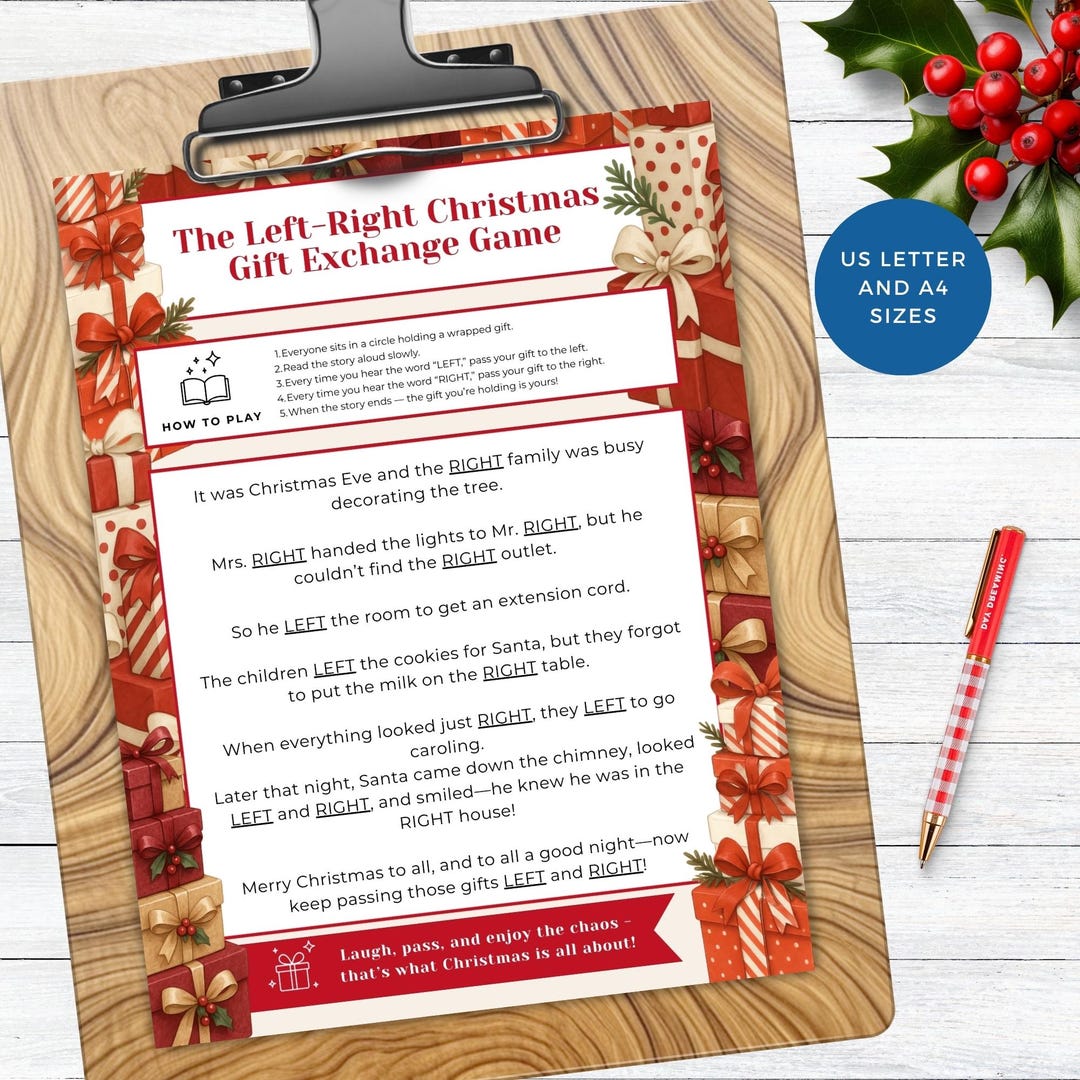 Gift Exchange Left Right Christmas Game Printable, Red Pass the Present ...
