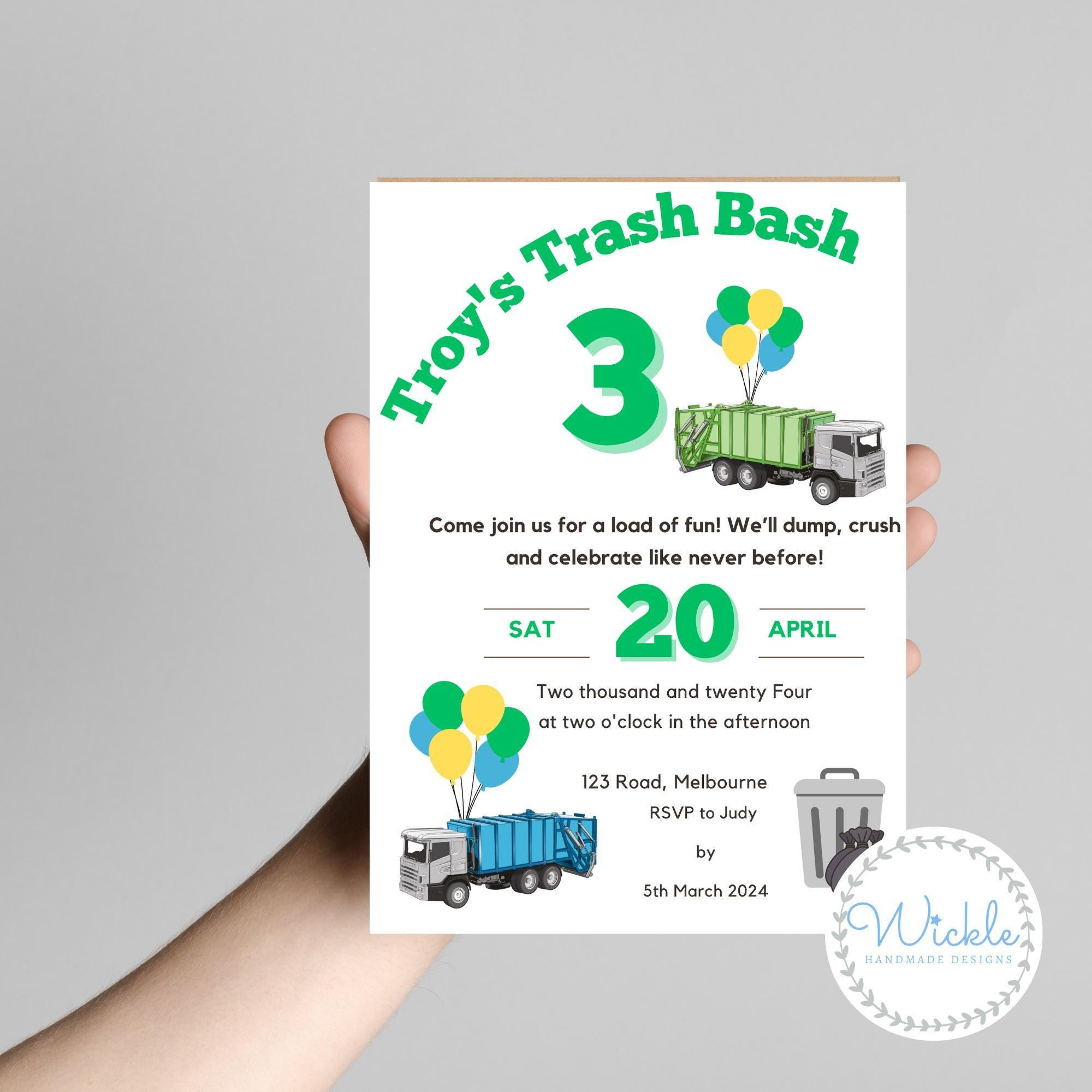 Trash Truck Invitation Template | 3rd Birthday Rubbish Celebration ...