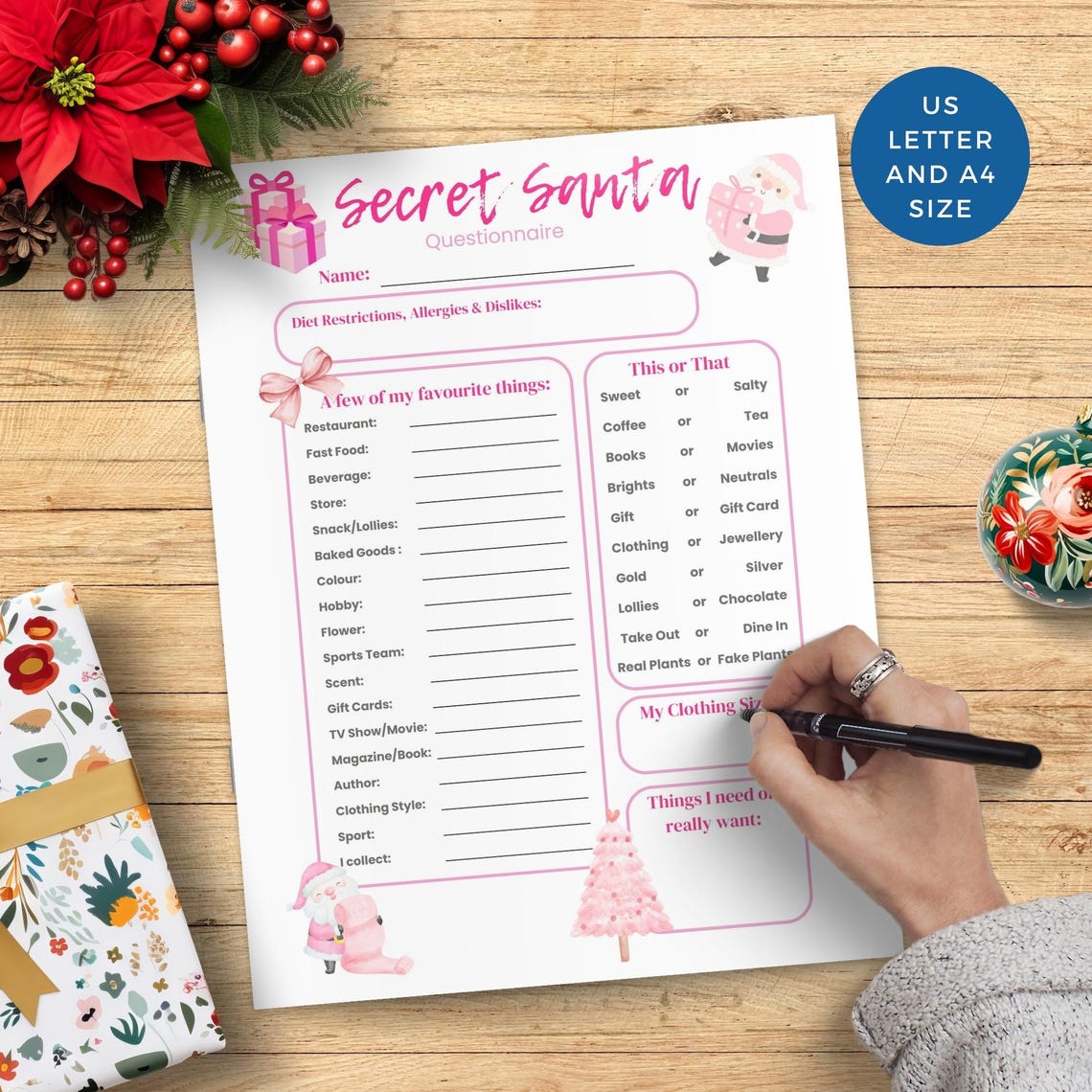 Santa Questionnaire, Pink Christmas Theme Secret Santa Gift Exchange ...
