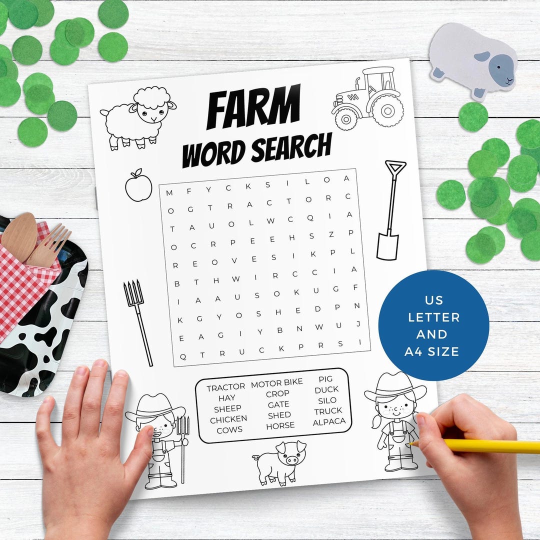 Farm Word Search Printable Game, Tractor Farmer Colouring in Birthday ...