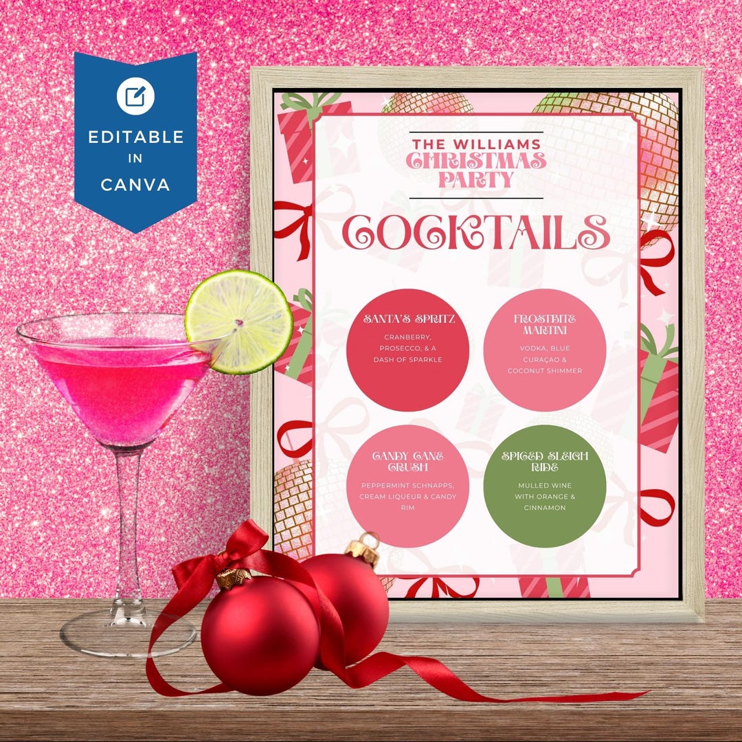 Christmas Cocktail Bar Sign Template for Holiday Party Drinks, Pink ...
