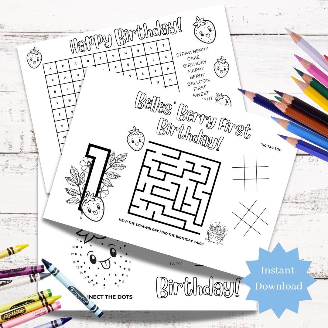 Berry First Birthday Activity Placemat Template | Strawberry Party ...