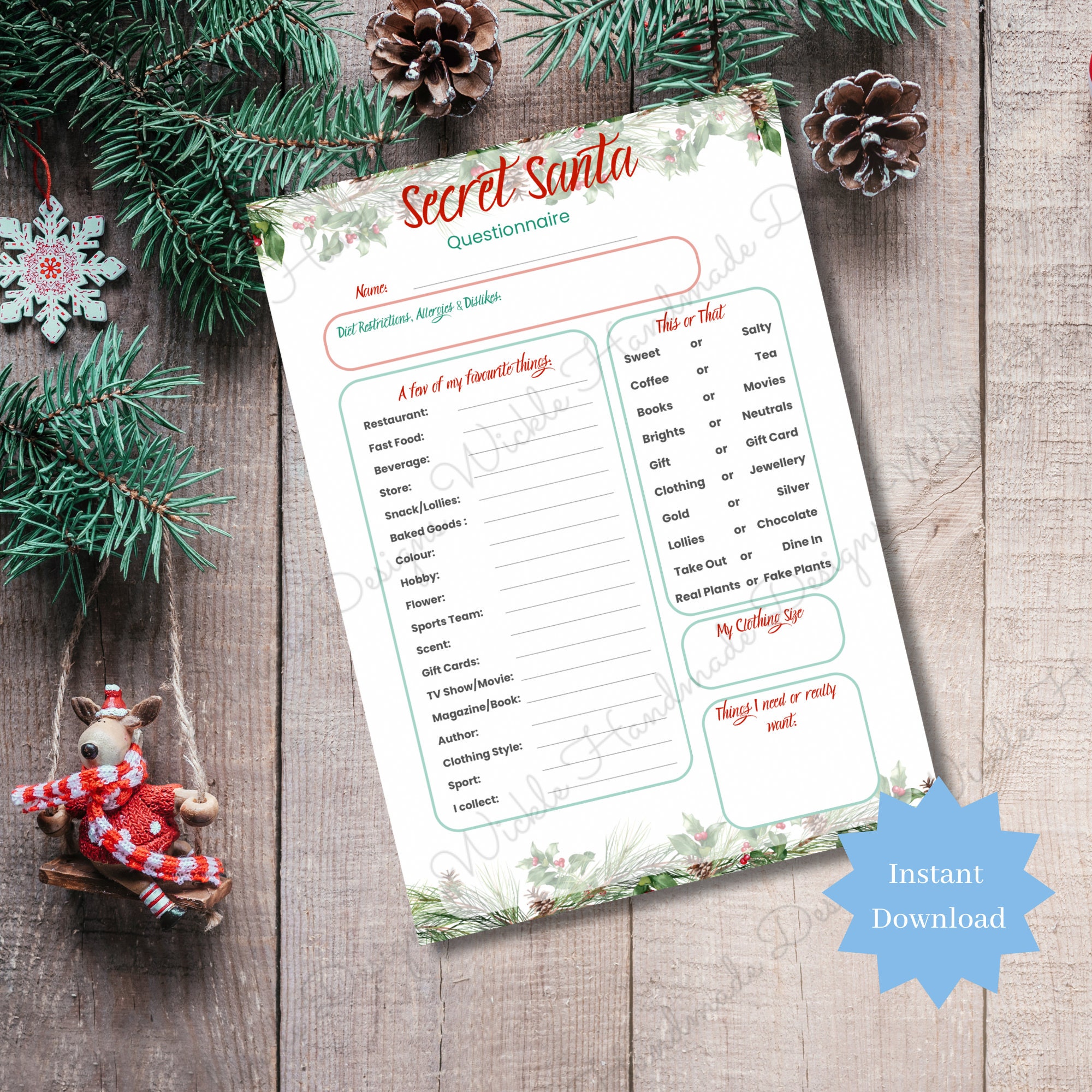 Secret Santa Questionnaire Secret Santa Gift Exchange Christmas Gift ...