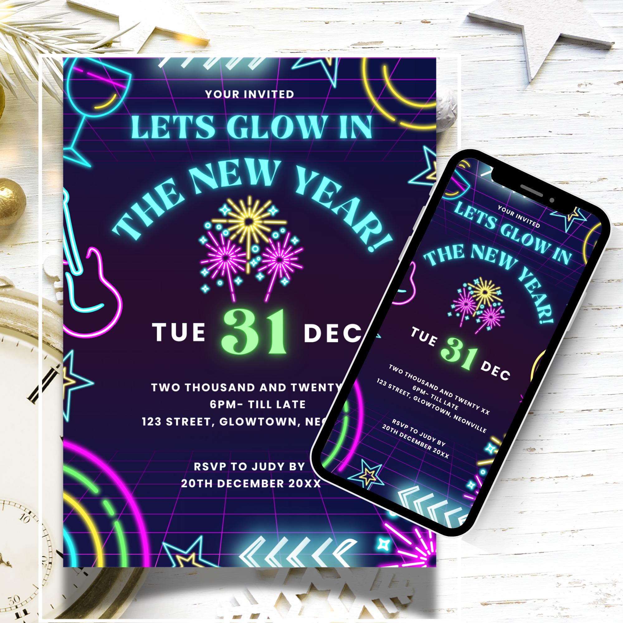 New Years Neon Party Printable Invite, Glow in the Dark Holiday ...