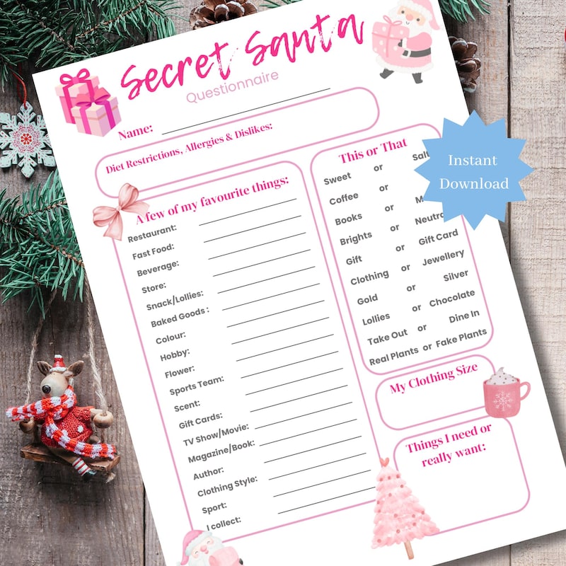 Secret Santa Questionnaire Pink - Etsy