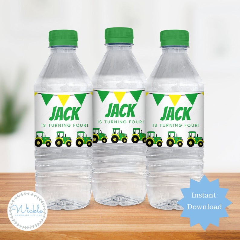 Green Tractor Birthday Water Bottle Wrap Label Canva Template ...