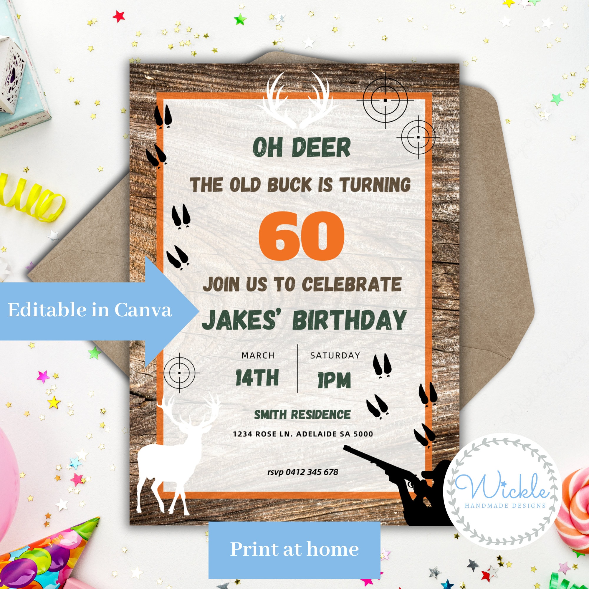 60th Old Buck Deer Hunting Birthday Party Invitation Printable Camo ...